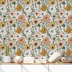 Abyssaly Vintage Floral Peel and Stick Wallpaper Boho 17.7 inx118 in Removable White/Sand/Oliva Vinyl Self Adhesive Wallpaper Flower Wall Paper for Bedroom