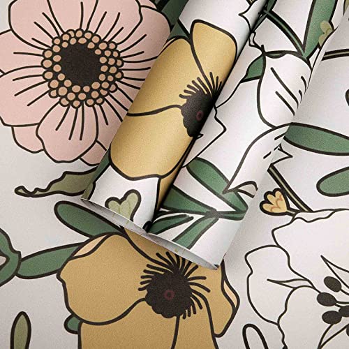 Abyssaly Vintage Floral Peel and Stick Wallpaper Boho 17.7 inx118 in Removable White/Sand/Oliva Vinyl Self Adhesive Wallpaper Flower Wall Paper for Bedroom