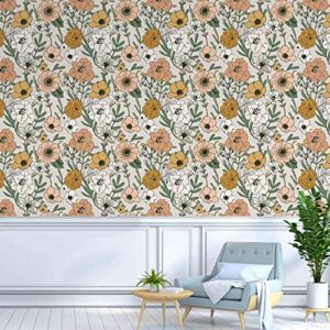 Abyssaly Vintage Floral Peel and Stick Wallpaper Boho 17.7 inx118 in Removable White/Sand/Oliva Vinyl Self Adhesive Wallpaper Flower Wall Paper for Bedroom