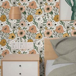 Abyssaly Vintage Floral Peel and Stick Wallpaper Boho 17.7 inx118 in Removable White/Sand/Oliva Vinyl Self Adhesive Wallpaper Flower Wall Paper for Bedroom