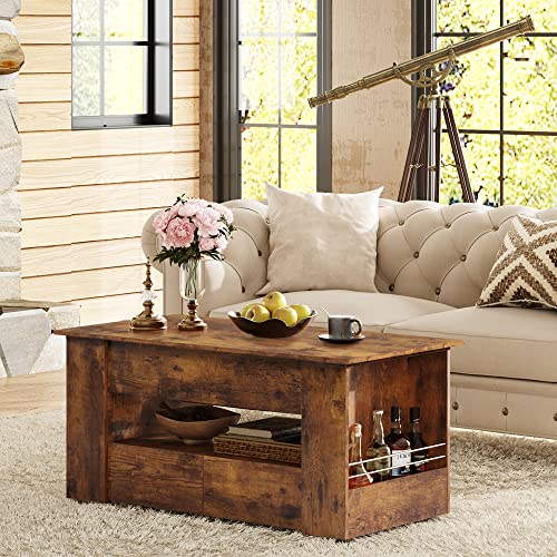 WLIVE Lift Top Coffee Table with Storage,Small Coffee Table with Drawers for Living Room,Hidden Compartment and Open Shelf,Central Table for Reception Room,Rustic Brown