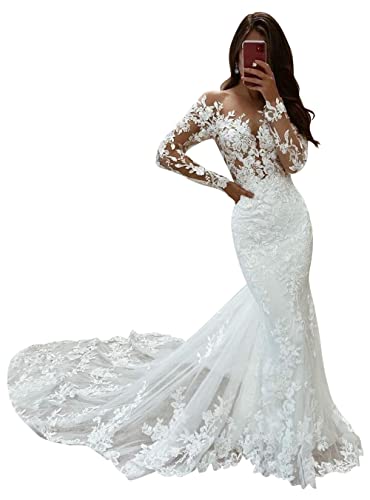 BEAUTFOR Womens Long Sleeve Lace Bohe Wedding Dresses Mermaid Illusion Top Ivory Bridal Gowns for Beach Wedding Party US Size 2