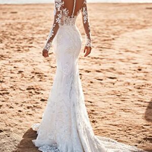 BEAUTFOR Womens Long Sleeve Lace Bohe Wedding Dresses Mermaid Illusion Top Ivory Bridal Gowns for Beach Wedding Party US Size 2