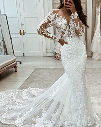 BEAUTFOR Womens Long Sleeve Lace Bohe Wedding Dresses Mermaid Illusion Top Ivory Bridal Gowns for Beach Wedding Party US Size 2