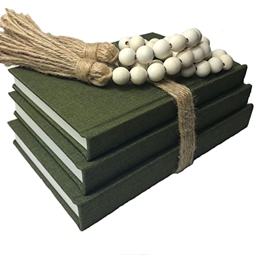 Linen Covered Decorative Books, Set of 3 - Neutral Home Decor Coffee Table Books with Wooden Beaded Tassel for Rustic Farmhouse Modern Decor, Boho, Bookshelf Decor (Olive)