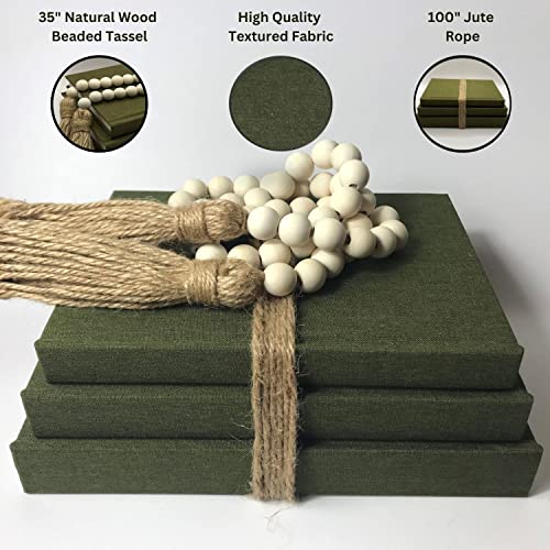 Linen Covered Decorative Books, Set of 3 - Neutral Home Decor Coffee Table Books with Wooden Beaded Tassel for Rustic Farmhouse Modern Decor, Boho, Bookshelf Decor (Olive)