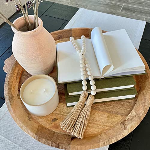 Linen Covered Decorative Books, Set of 3 - Neutral Home Decor Coffee Table Books with Wooden Beaded Tassel for Rustic Farmhouse Modern Decor, Boho, Bookshelf Decor (Olive)