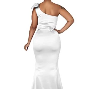 FairyLove Women's Fashion Ruched Bodycon Dress Sleeveless One Shoulder Wrap Satin Belted Cocktail Midi Dresses White