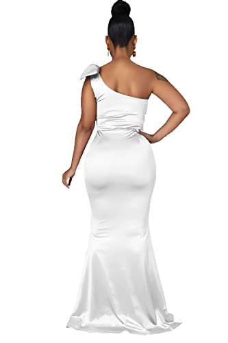 FairyLove Women's Fashion Ruched Bodycon Dress Sleeveless One Shoulder Wrap Satin Belted Cocktail Midi Dresses White