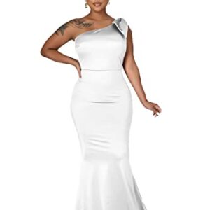 FairyLove Women's Fashion Ruched Bodycon Dress Sleeveless One Shoulder Wrap Satin Belted Cocktail Midi Dresses White