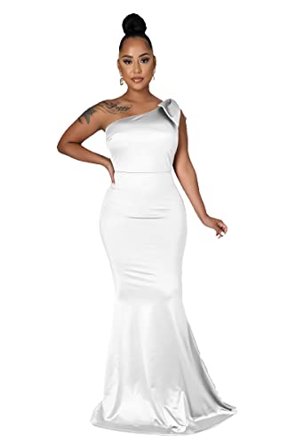 FairyLove Women's Fashion Ruched Bodycon Dress Sleeveless One Shoulder Wrap Satin Belted Cocktail Midi Dresses White