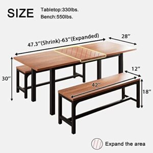 Feonase 3-Piece 63" XL Large Dining Room Table Set for 4-8 People, Extendable Kitchen Table Set with 2 Benches, Metal Frame and Solid MDF Wood Board, Easy Assembly, Walnut