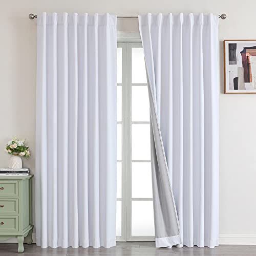 OWENIE Opal White 100% Blackout Curtains 84 Inches Length 2 Panels Set, Thick & Warm Thermal Curtains with Back Tab for Bedroom, Full Shade Elegant Satin Textured Window Drapes (2 Pcs=108 Inch Wide)