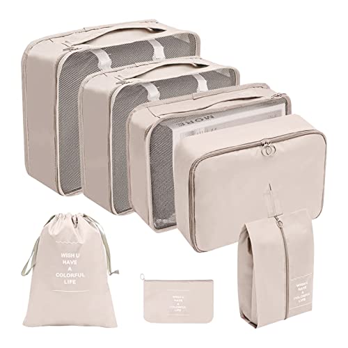 CHENGBAI TOTE 7 Pcs Luggage Packing Cubes Set, Large Capacity Travel Bags, Luggage Organizer Bags in 7 Sizes for Travel Essentials, Packing Organizers, Luggage Storage to Save Space- Beige