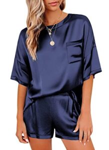 bekofo women's silk satin pajamas two piece pj sets crewneck short sleeve tops and shorts sleepwear loungewear silky pjs gift for women navy blue small