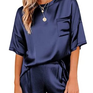 BEKOFO Women's Silk Satin Pajamas Two Piece Pj Sets Crewneck Short Sleeve Tops and Shorts Sleepwear Loungewear Silky Pjs Gift for Women Navy Blue Small