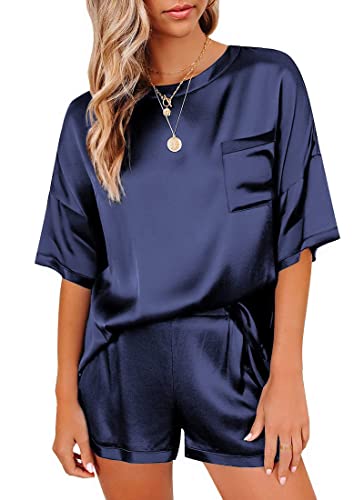 BEKOFO Women's Silk Satin Pajamas Two Piece Pj Sets Crewneck Short Sleeve Tops and Shorts Sleepwear Loungewear Silky Pjs Gift for Women Navy Blue Small