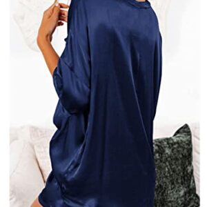 BEKOFO Women's Silk Satin Pajamas Two Piece Pj Sets Crewneck Short Sleeve Tops and Shorts Sleepwear Loungewear Silky Pjs Gift for Women Navy Blue Small