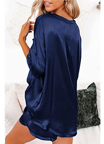 BEKOFO Women's Silk Satin Pajamas Two Piece Pj Sets Crewneck Short Sleeve Tops and Shorts Sleepwear Loungewear Silky Pjs Gift for Women Navy Blue Small