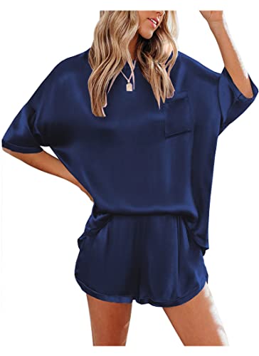 BEKOFO Women's Silk Satin Pajamas Two Piece Pj Sets Crewneck Short Sleeve Tops and Shorts Sleepwear Loungewear Silky Pjs Gift for Women Navy Blue Small