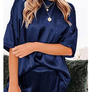 BEKOFO Women's Silk Satin Pajamas Two Piece Pj Sets Crewneck Short Sleeve Tops and Shorts Sleepwear Loungewear Silky Pjs Gift for Women Navy Blue Small