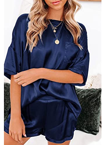 BEKOFO Women's Silk Satin Pajamas Two Piece Pj Sets Crewneck Short Sleeve Tops and Shorts Sleepwear Loungewear Silky Pjs Gift for Women Navy Blue Small