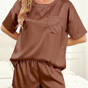 BEKOFO Silk Satin Pajama Sets Pj Satin Set Silk Pj for Women Set Satin Pajamas Shorts Pj Shorts and Silk Tshirt Summer Lounge Satin Set Brown Large