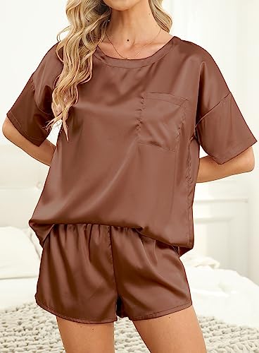 BEKOFO Silk Satin Pajama Sets Pj Satin Set Silk Pj for Women Set Satin Pajamas Shorts Pj Shorts and Silk Tshirt Summer Lounge Satin Set Brown Large