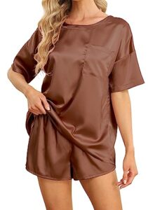 bekofo silk satin pajama sets pj satin set silk pj for women set satin pajamas shorts pj shorts and silk tshirt summer lounge satin set brown large