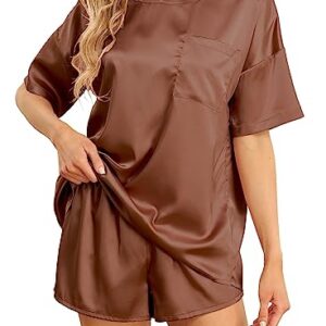 BEKOFO Silk Satin Pajama Sets Pj Satin Set Silk Pj for Women Set Satin Pajamas Shorts Pj Shorts and Silk Tshirt Summer Lounge Satin Set Brown Large