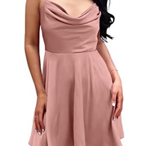 PRETTYGARDEN Women's Summer Satin Dress 2023 Sexy Spaghetti Strap Cowl Neck Ruffle A Line Short Party Dresses (Pink,Medium)