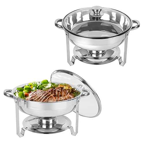 IMACONE Chafing Dish Buffet Set of 2, 5QT Round Stainless Steel Chafer for Catering in Glass Lid, Chafers and Buffet Warmer Sets w/Food & Water Pan, Frame, Fuel Holder for Serving Event Party Holiday