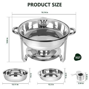 IMACONE Chafing Dish Buffet Set of 2, 5QT Round Stainless Steel Chafer for Catering in Glass Lid, Chafers and Buffet Warmer Sets w/Food & Water Pan, Frame, Fuel Holder for Serving Event Party Holiday