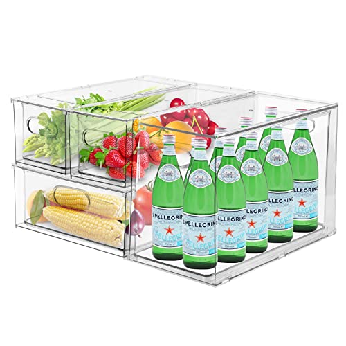 Greenby 4 Pack Refrigerator Organizer Bins with Pull-out Drawer Stackable Clear Fridge Drawer Organizer Fruit Vegetable Storage Containers for Kitchen Pantry Organization (1 Large+1 Tall+2 Small)