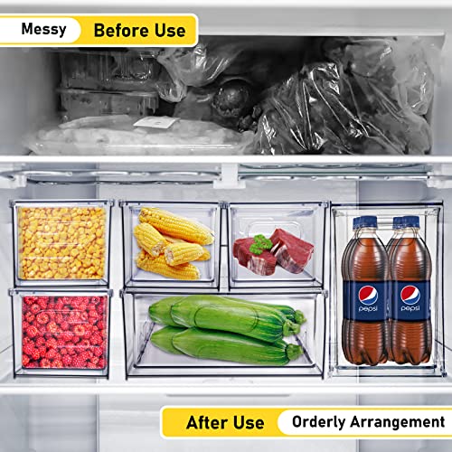 Greenby 4 Pack Refrigerator Organizer Bins with Pull-out Drawer Stackable Clear Fridge Drawer Organizer Fruit Vegetable Storage Containers for Kitchen Pantry Organization (1 Large+1 Tall+2 Small)