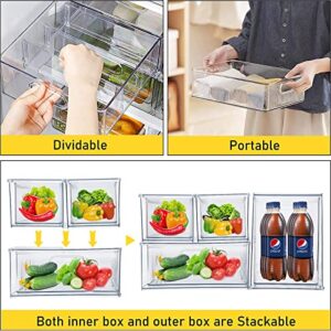 Greenby 4 Pack Refrigerator Organizer Bins with Pull-out Drawer Stackable Clear Fridge Drawer Organizer Fruit Vegetable Storage Containers for Kitchen Pantry Organization (1 Large+1 Tall+2 Small)