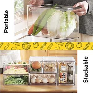 Greenby 4 Pack Refrigerator Organizer Bins with Pull-out Drawer Stackable Clear Fridge Drawer Organizer Fruit Vegetable Storage Containers for Kitchen Pantry Organization (1 Large+1 Tall+2 Small)