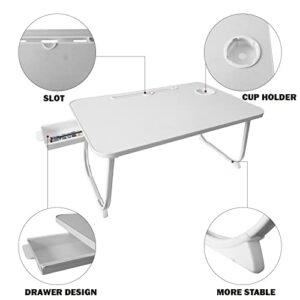 Desk Bed Table Folding Lap Table for Bed Desk with Cup Holder Study Table for Bed Tables for Eating and Laptops Perfect for Home Office Bedroom,White