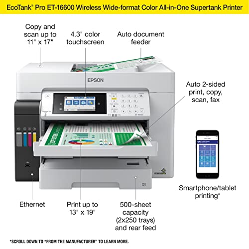 Epson EcoTank Pro ET-16600 Wide-Format All-in-One Supertank Wireless Color Inkjet Printer, White- Print Copy Scan Fax - 4.3" LCD, 25 ppm, 4800 x 1200 dpi, 13 x 19, Auto 2-Sided Printing, 50-Sheet ADF