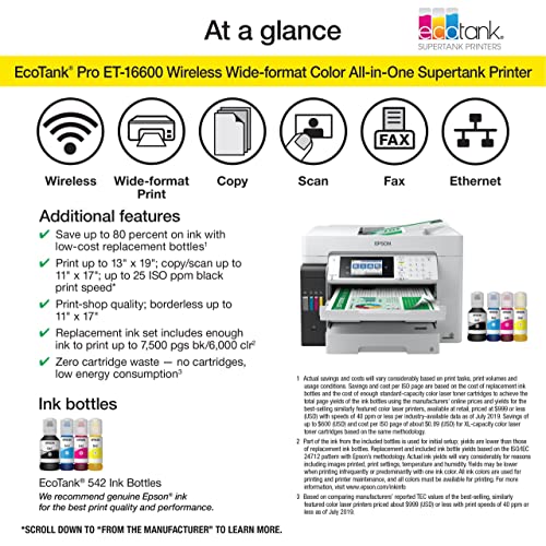 Epson EcoTank Pro ET-16600 Wide-Format All-in-One Supertank Wireless Color Inkjet Printer, White- Print Copy Scan Fax - 4.3" LCD, 25 ppm, 4800 x 1200 dpi, 13 x 19, Auto 2-Sided Printing, 50-Sheet ADF