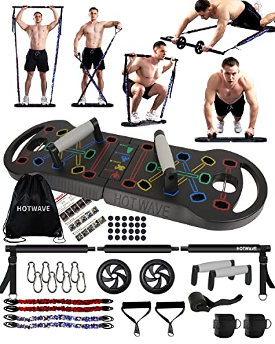 HOTWAVE Ultimate Portable Home Gym with 16 Fitness Accessories,20 in 1 Push Up Board,Resistance Bands with Ab Roller Wheel,Full Body Workout Equipment at Home for Man and Woman