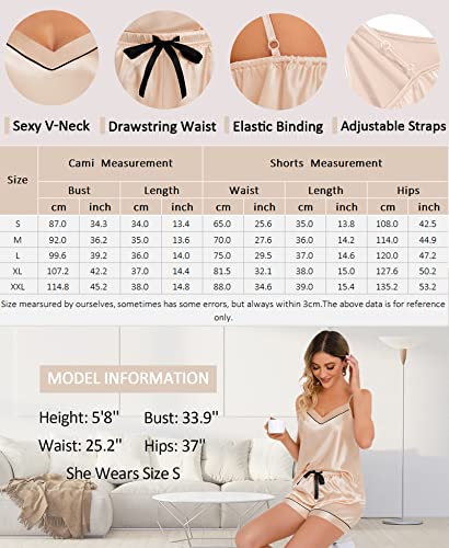 SWOMOG Silk Cami Pajamas Set Women Satin Pjs Camisole Loungewear Soft Lingerie Set Champagne