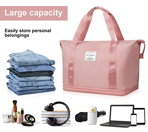 Large Capacity Folding Travel Bag, Expandable Portable Waterproof Travel Duffel Bags, Lightweight Weekender Overnight Carry on Bag for Travel Sports Gym, B Pink