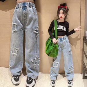 YaYabroe Girls Baggy Jeans Casual Wide Leg Denim Pants Jeans Kids Clothes Size 5-14 Years (Blue Star Patch, 10-12)