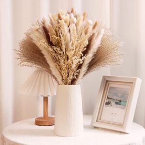 121pcs dried pampas grass decor, boho home table fall decor dried flowers, white & natural pampas grass, reed grass, bunny tails, 17 inch pompass grass for wedding home decoration, farmhouse party