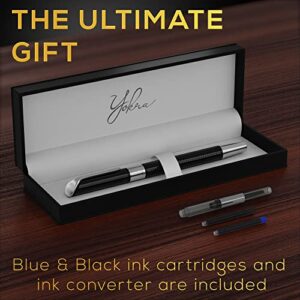 Yokra Fountain Pen Set with Ink and Converter - Caligraphy Pens for Writing, Medium Nib, 6 Ink Cartridges (3 Black ink,3 Blue ink), Best Pens for Smooth Writing Journaling Stunning Luxury Pen Gift Set