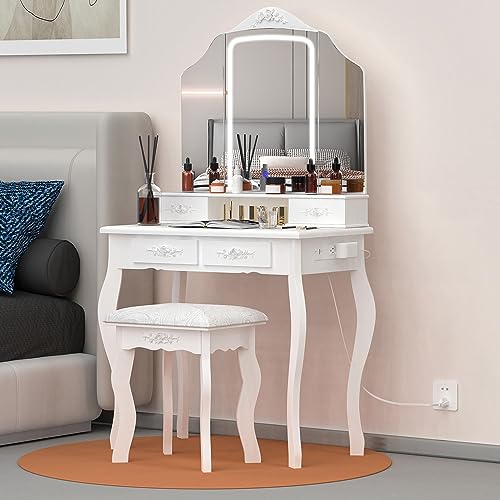 JIFULI Modern Vanity Table Set with Lighted Mirror & Power Outlet, Makeup Table with 4 Drawer, Embedded Lights Dressing Vanity Table with Cushioned Stool for Bedroom, White