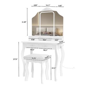 JIFULI Modern Vanity Table Set with Lighted Mirror & Power Outlet, Makeup Table with 4 Drawer, Embedded Lights Dressing Vanity Table with Cushioned Stool for Bedroom, White