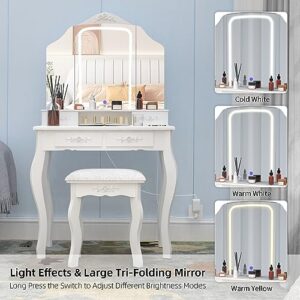 JIFULI Modern Vanity Table Set with Lighted Mirror & Power Outlet, Makeup Table with 4 Drawer, Embedded Lights Dressing Vanity Table with Cushioned Stool for Bedroom, White