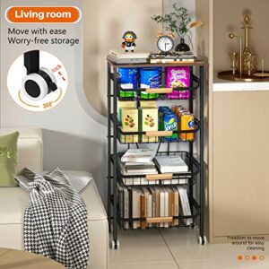 5-Tier Rolling Storage Cart with Wheels, Large Capacity Kitchen Cart, Mobile Utility Cart with Wooden Tabletop and Mesh Baskets, Bathroom, Laundry Room